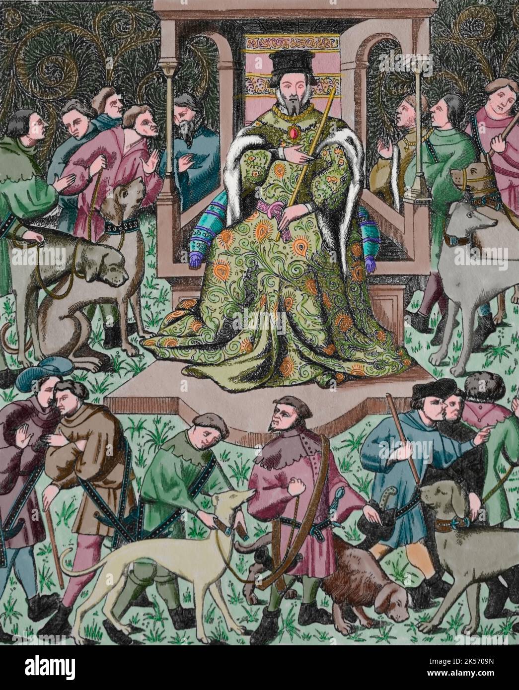 Gaston Phoebus (1331-1391) sitting on the throne teaching the art of ...