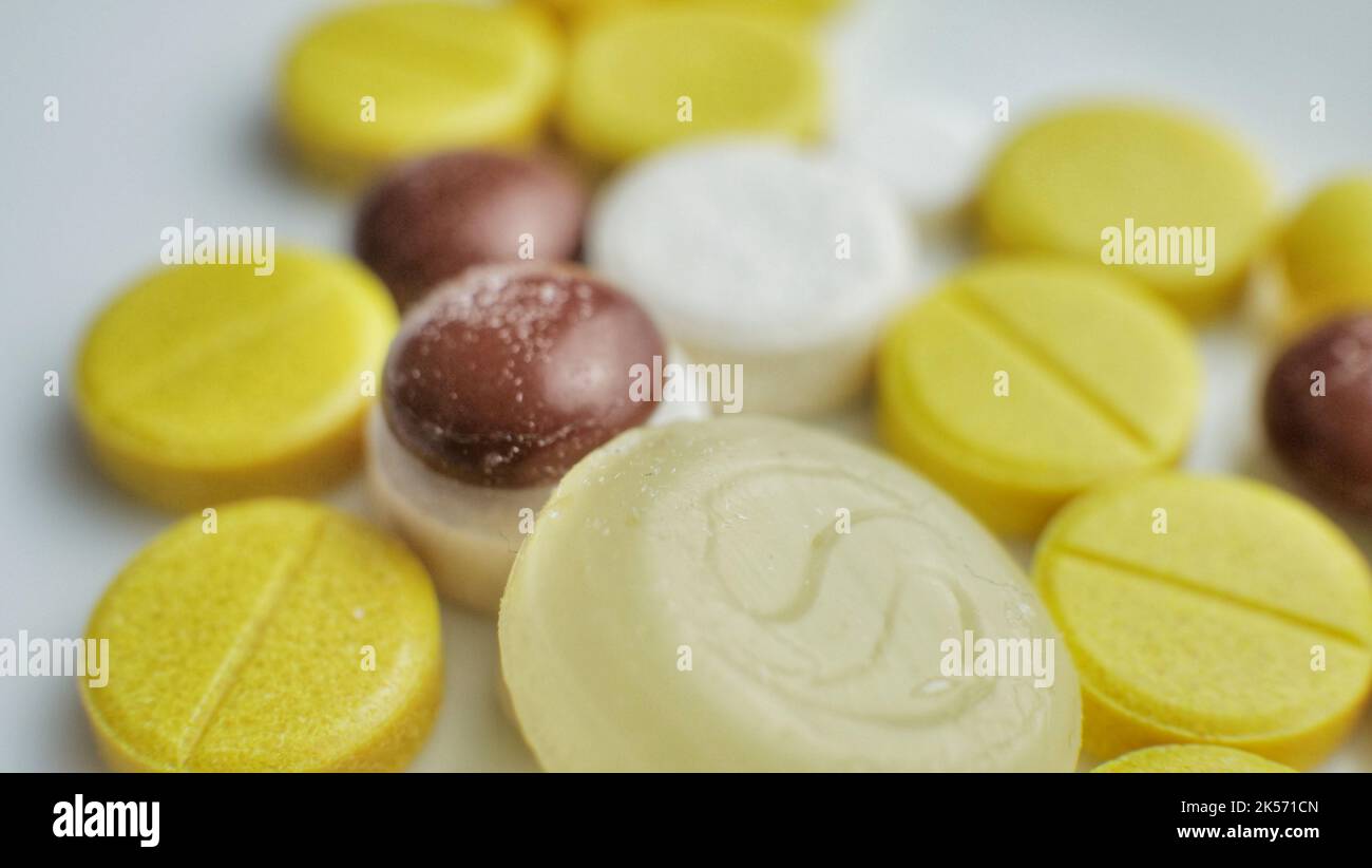 Pharmacy.Pills. Medicine and healthy. Close up of capsules. Different ...