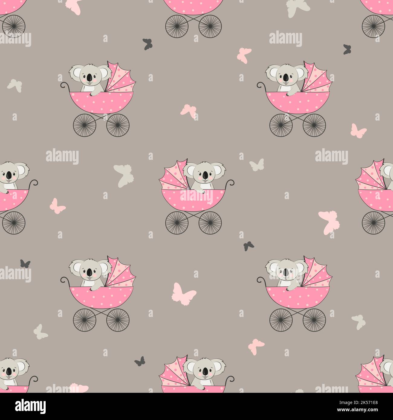 Seamless pattern with cute koala in stroller. Baby shower girl vector ...