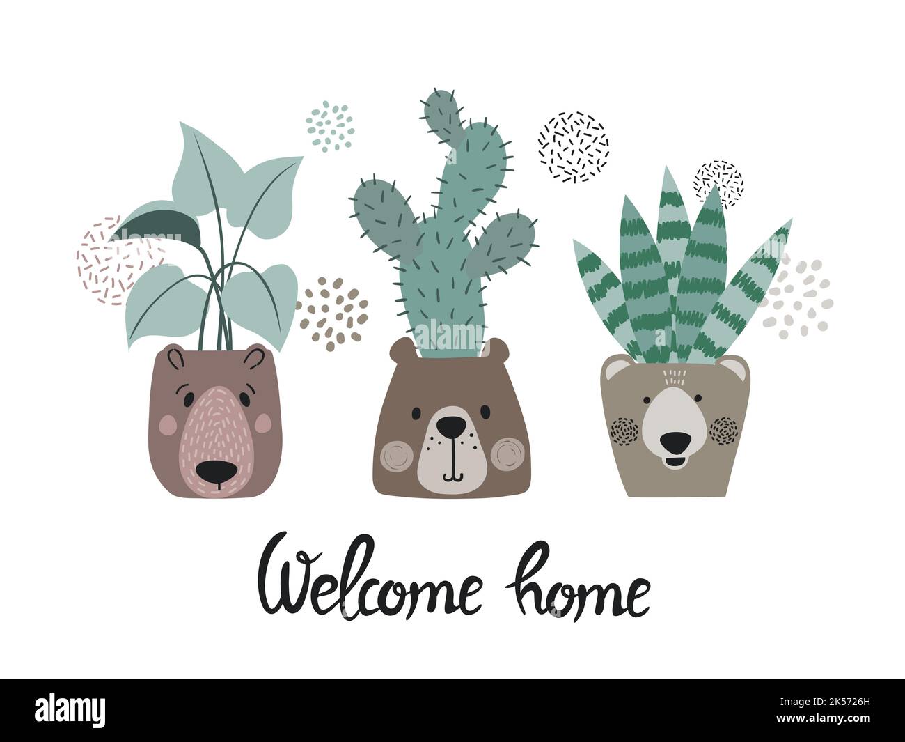 Set of cartoon plants in pots as bears face isolated on white. Vector ...