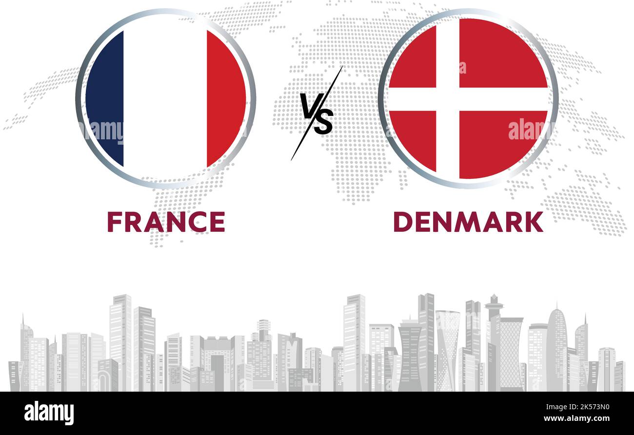 France Vs Denmark Soccer Ball In Flag Design On Qatar Skyline