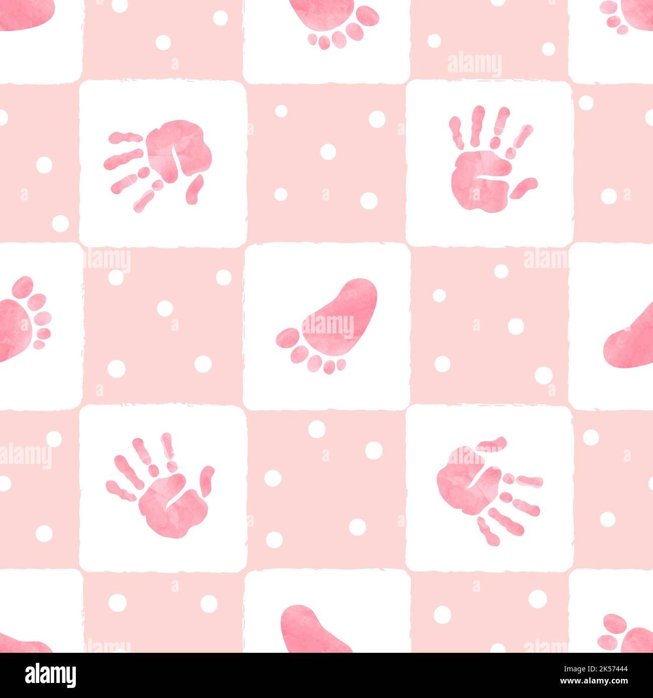 Seamless pattern with kids palm hand and foot prints. Baby shower ...