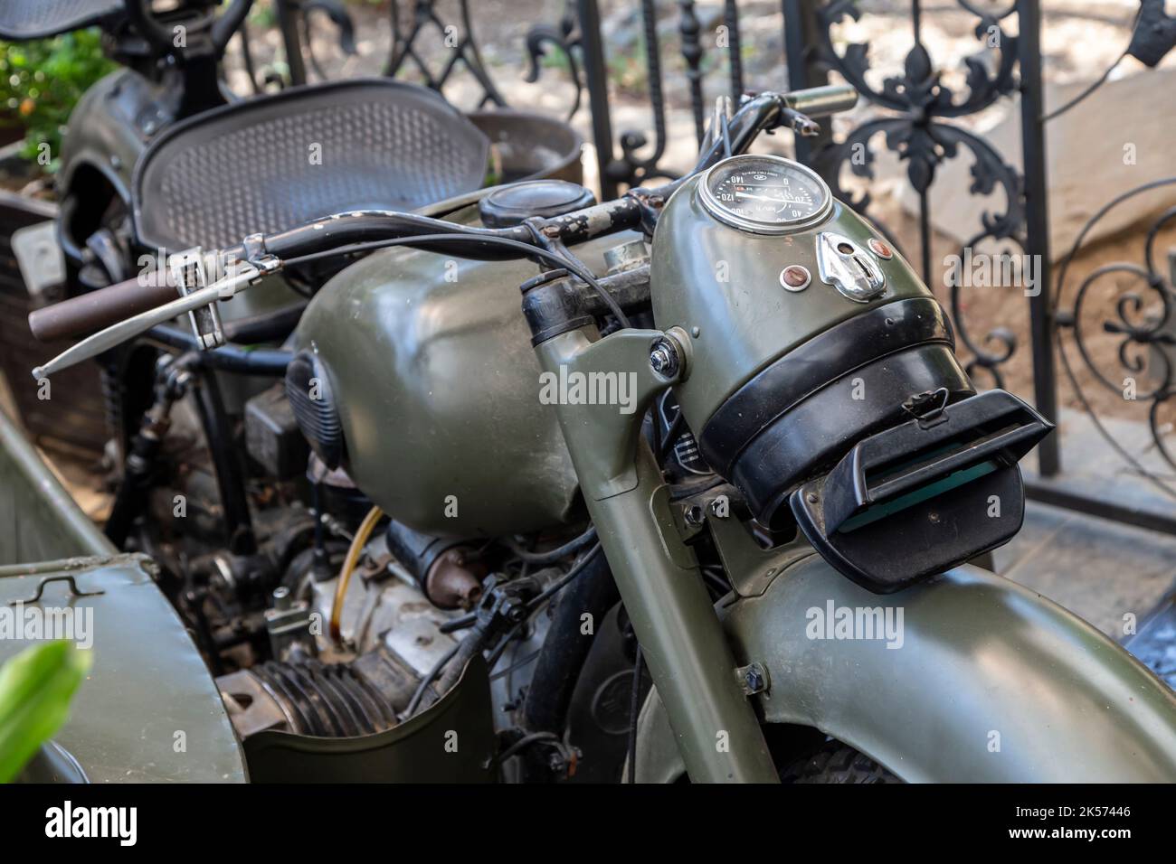 Old motorcycle from the equipment of the Soviet army, exhibited as a ...