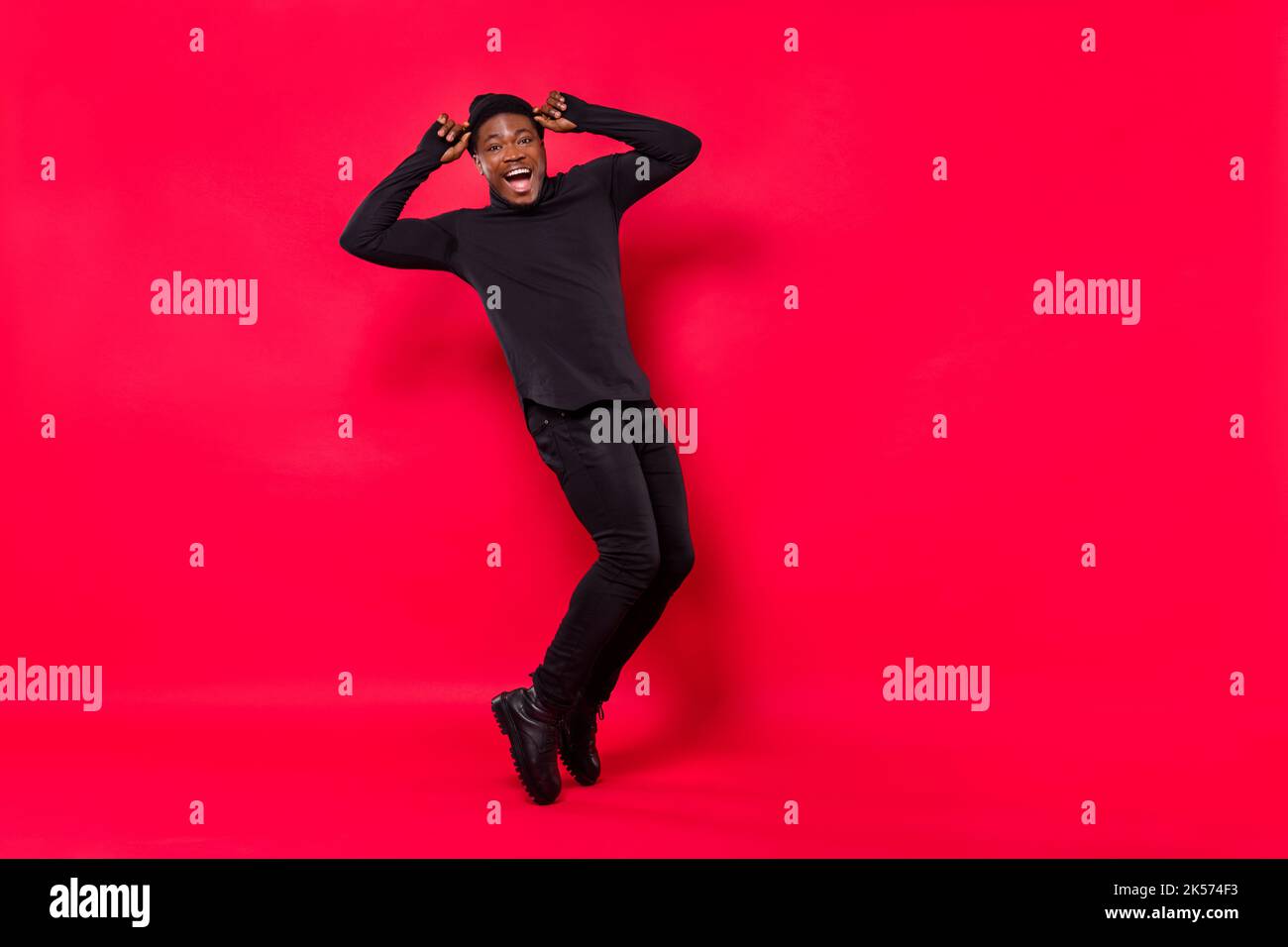 Full length body size view of attractive cheerful funny guy moving ...