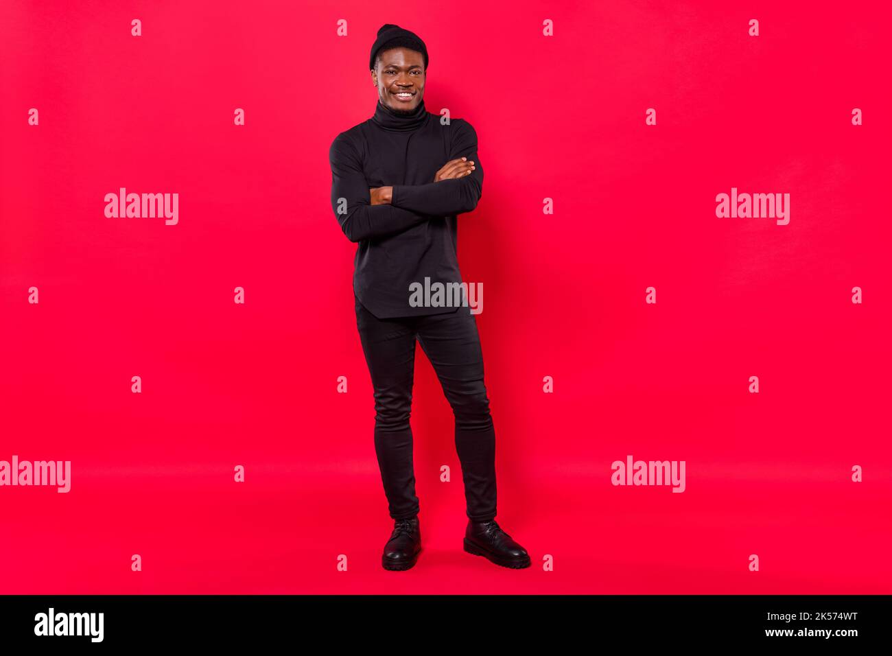 Full length body size view of attractive cheerful guy folded arms ...