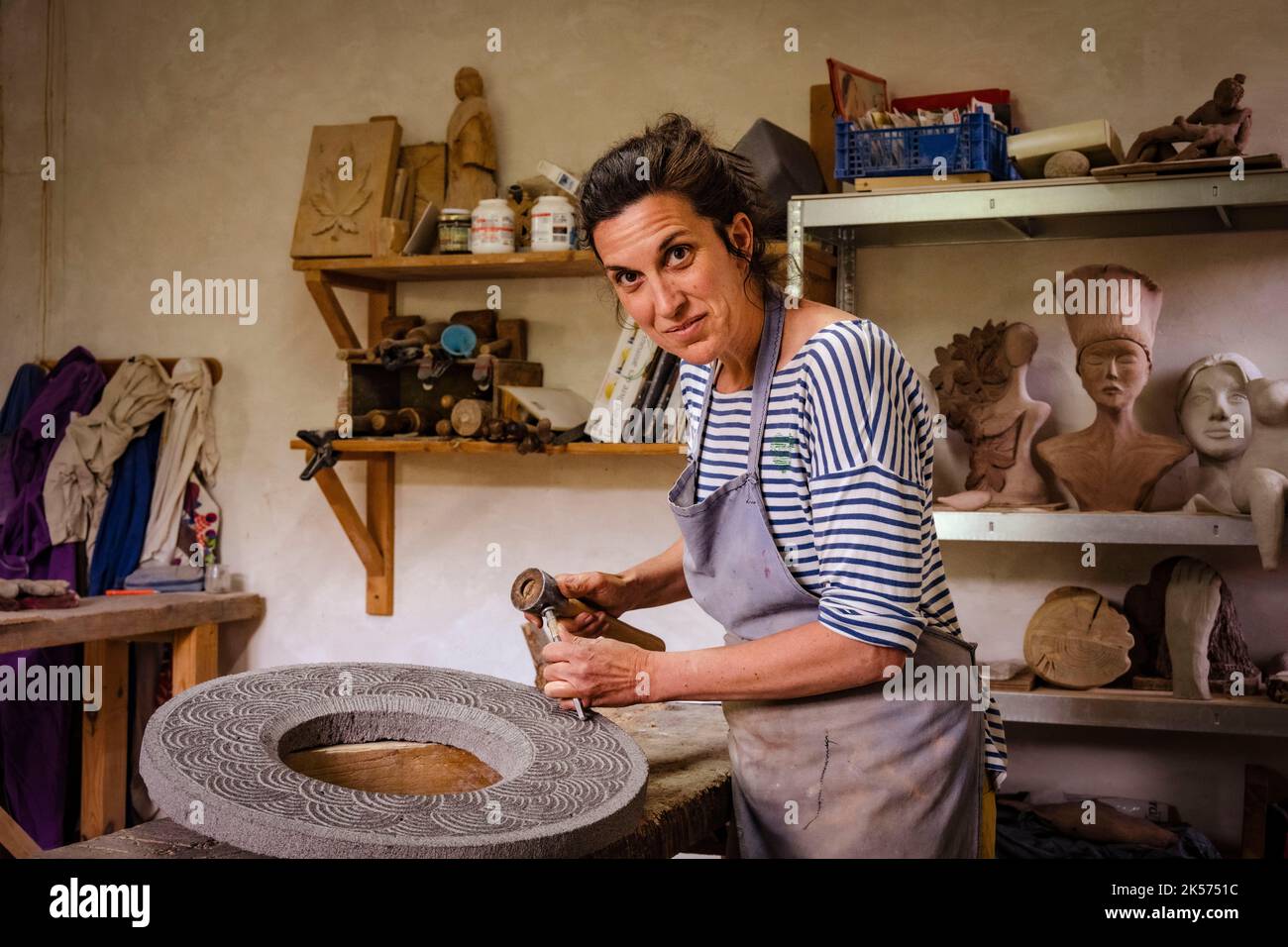 France, Haute Loire, Le Monastier-sur-Gazeille, hiking with a donkey on ...
