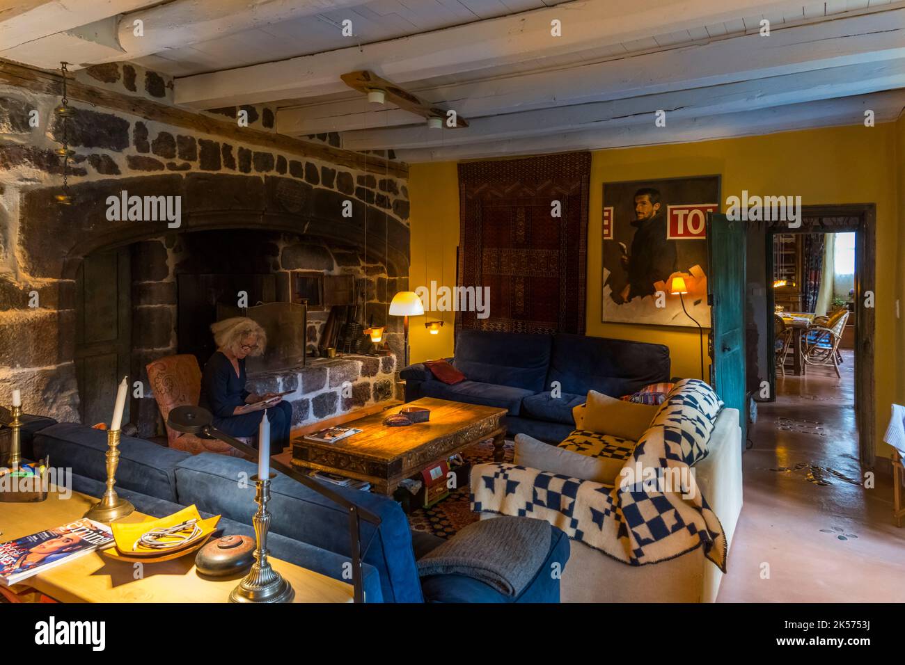 France, Haute Loire, Bouchet-Saint-Nicolas, hiking with a donkey on the ...