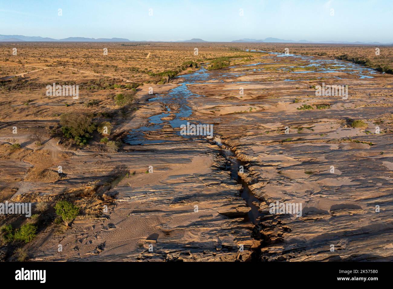 Kenya, Tsavo East national park, Galana river, Luggar's falls in aerial ...