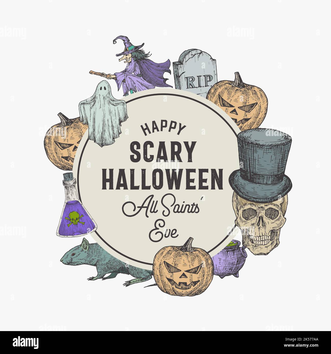 Vintage Style Halloween Circle Frame Label Template. Hand Drawn Witch ...