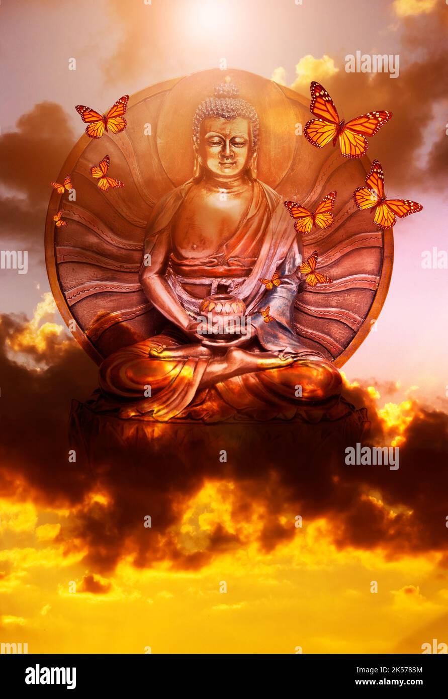 artistic spiritual mystic buddha in yoga meditation position with ...