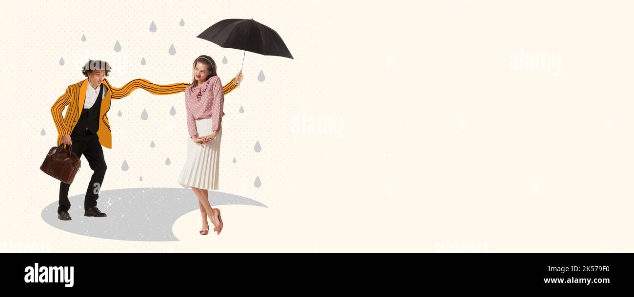 Contemporary art collage. Young man giving beautiful woman umbrella to ...