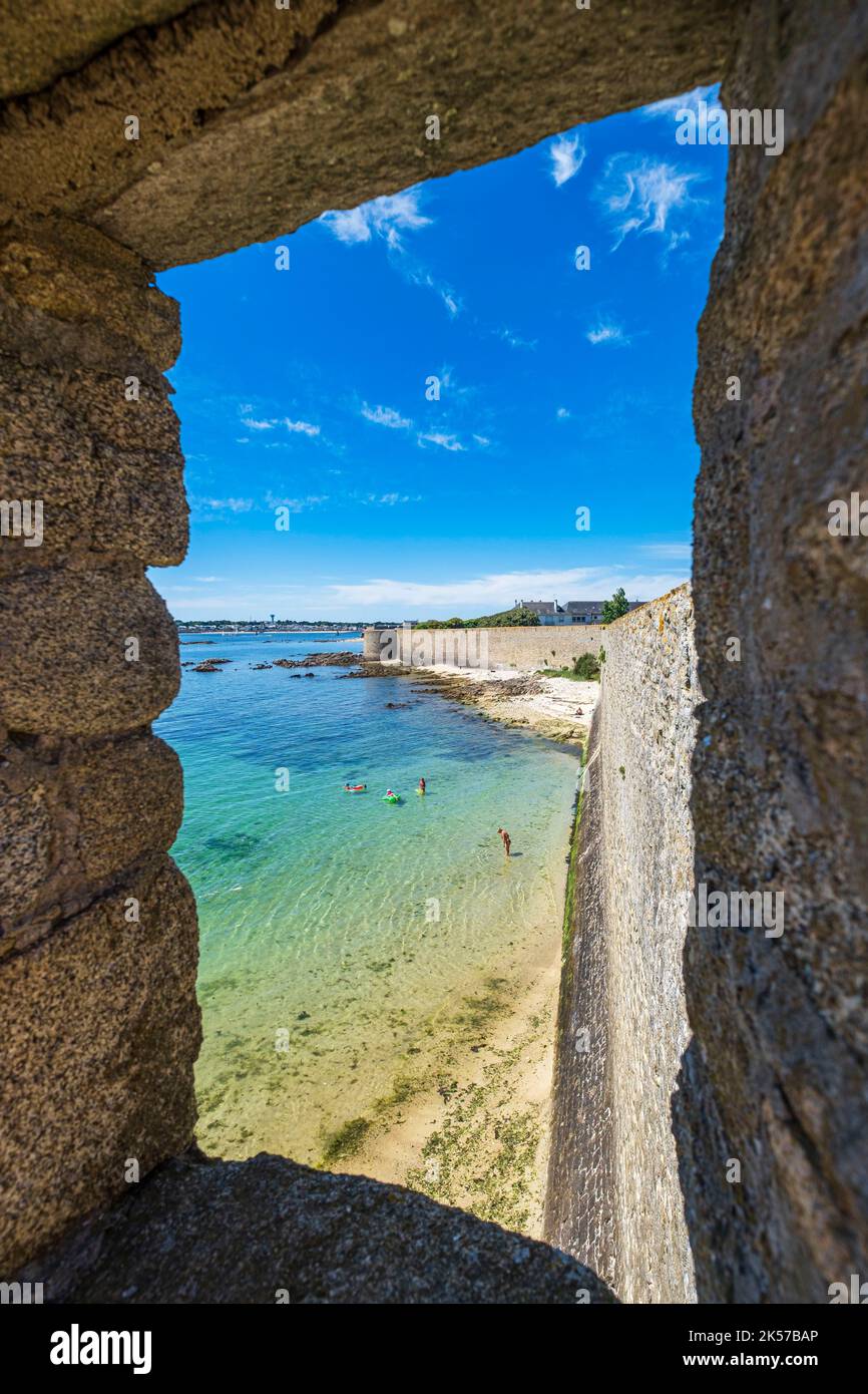 France, Morbihan, Port-Louis, beach at the foot of the ramparts of the ...