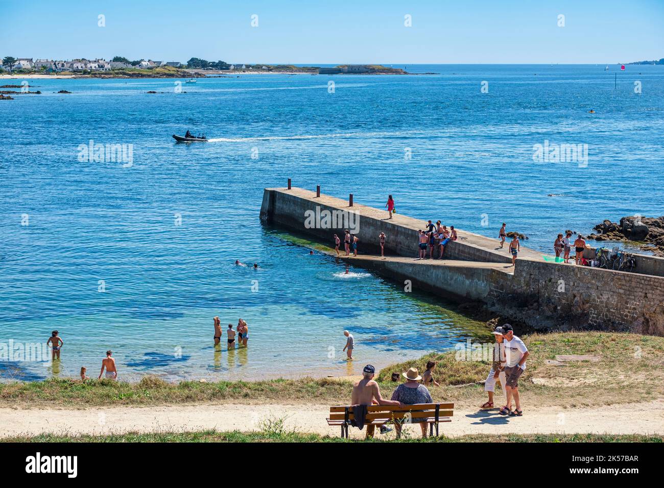 France, Morbihan, Port-Louis, beach at the foot of the ramparts of the ...