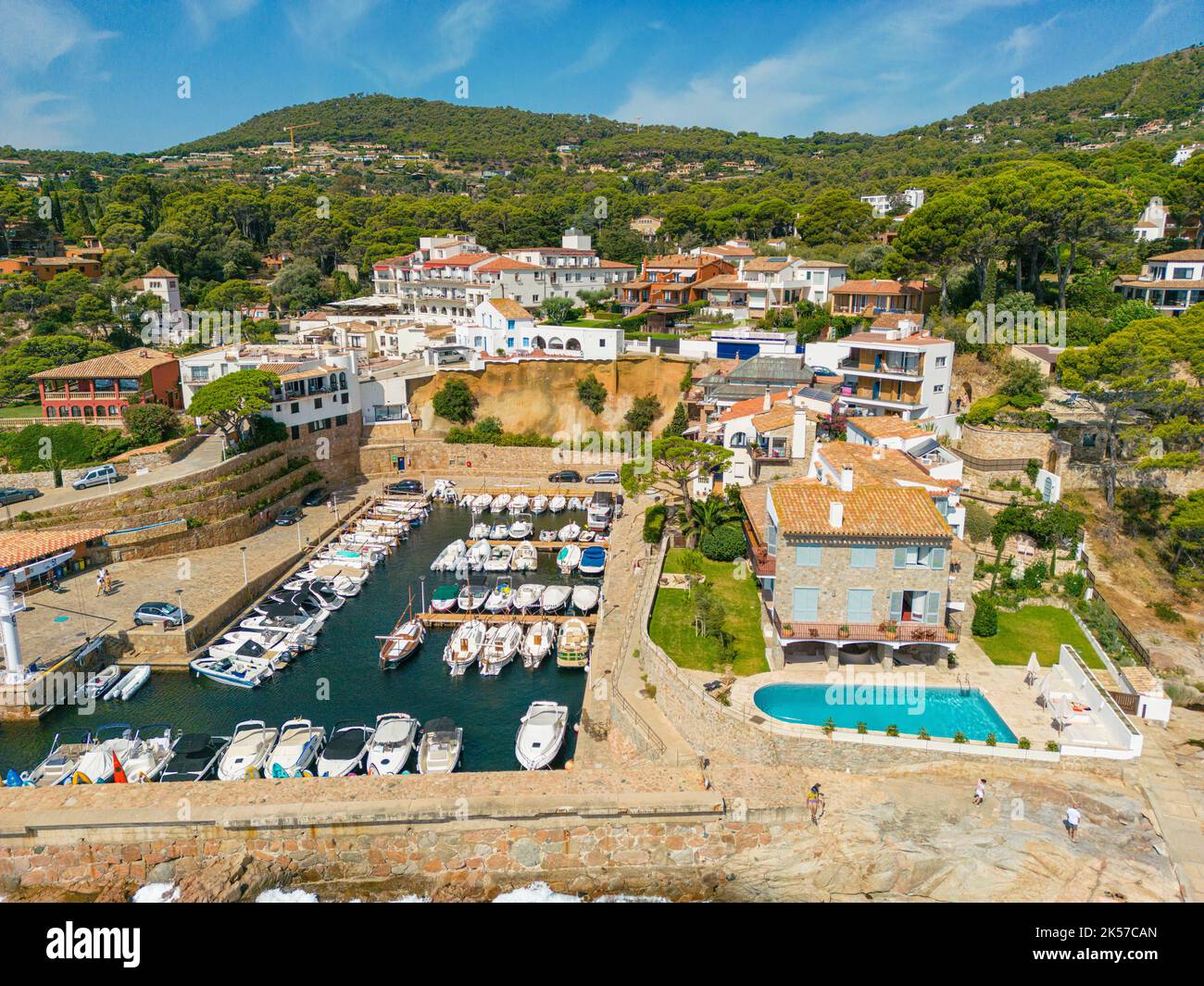 Spain, Catalonia, Costa Brava, Begur, port of Fornells (aerial view ...