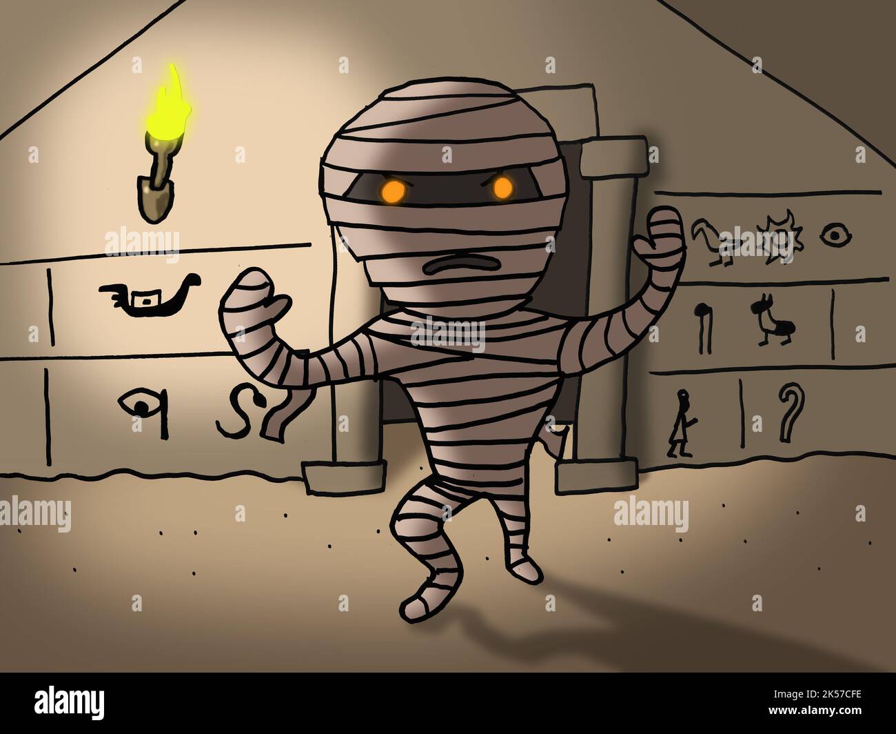 Cartoon mummy approaches menacingly from deep inside an Egyptian tomb ...