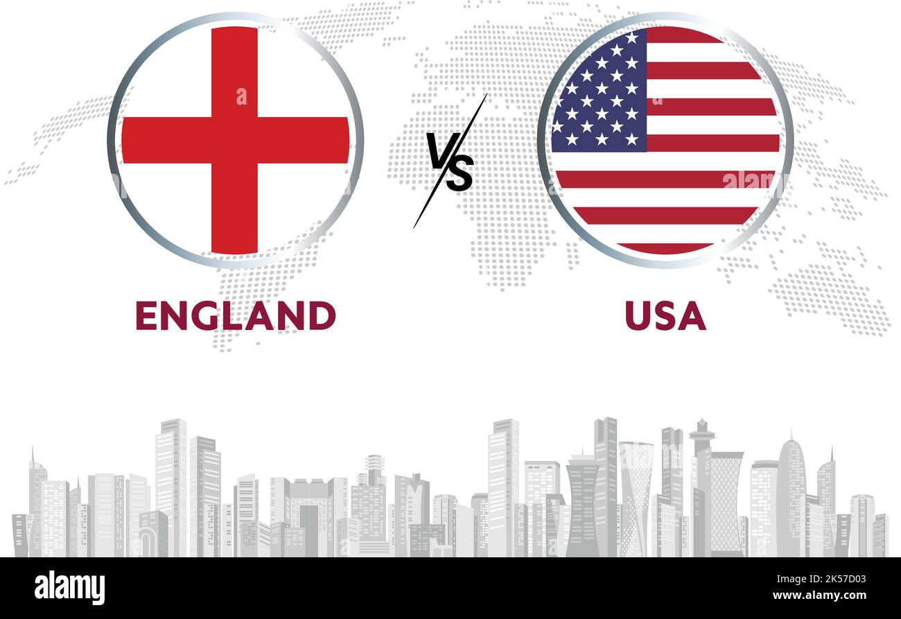 England vs USA soccer ball in flag design on Qatar skyline background ...