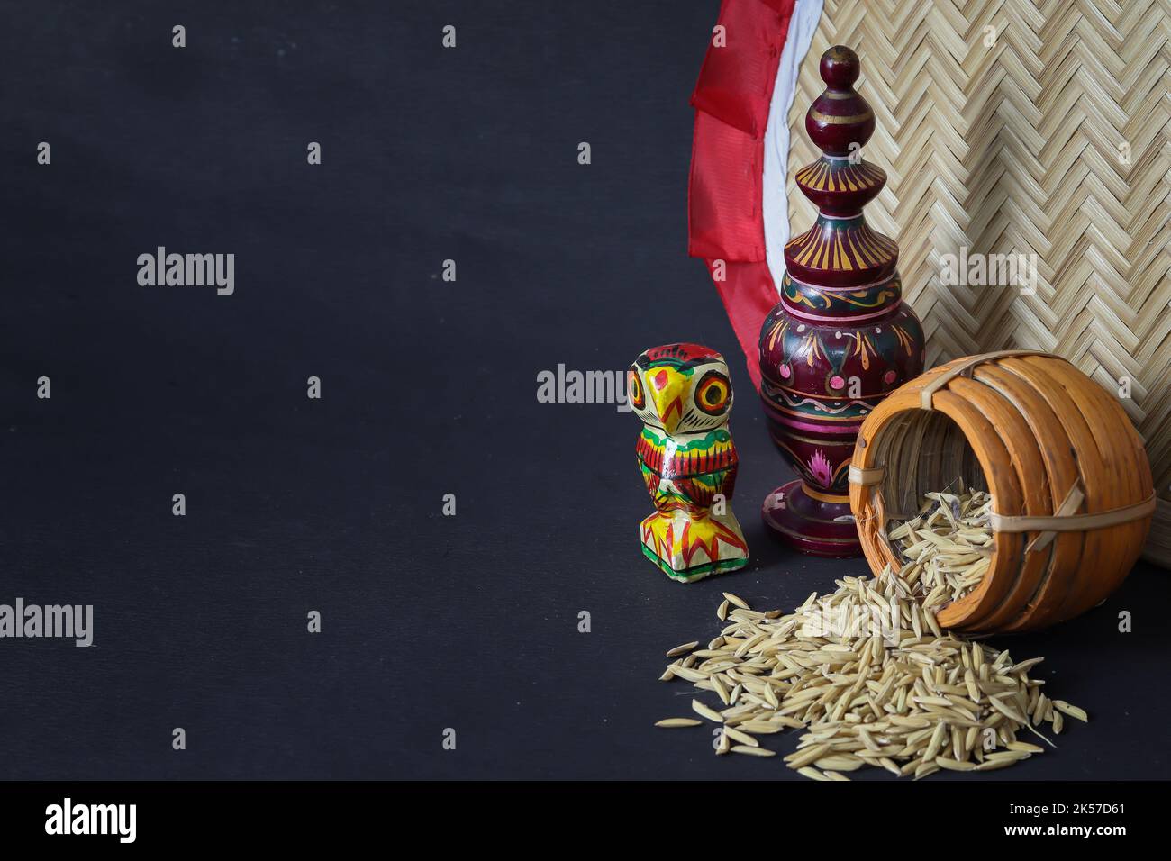 Laxmi puja essentials for rituals kept together. rice paddy grains ...