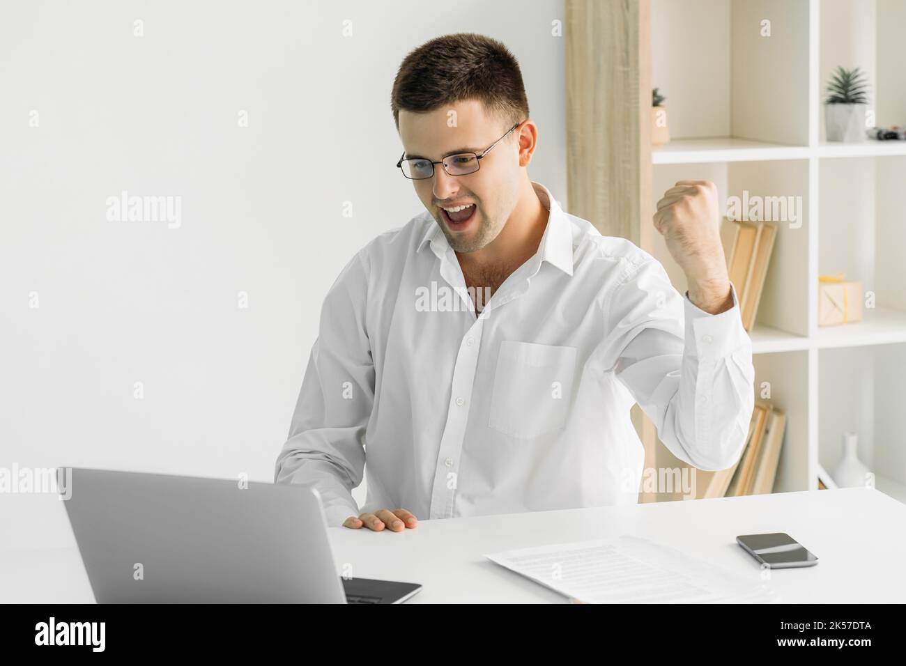 work success excited man winner gesture happy Stock Photo - Alamy