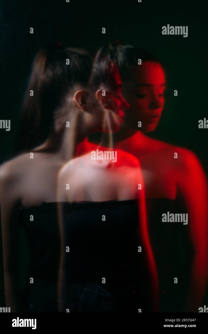Female duality. Subconscious dream. Double exposure blur silhouette ...
