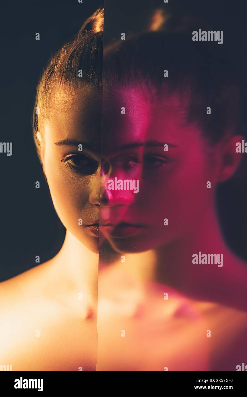 Female duality. Mental disorder. Subconscious crisis. Double exposure ...