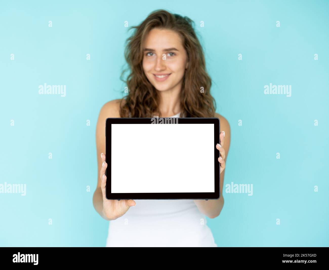 digital news happy woman online technology Stock Photo - Alamy