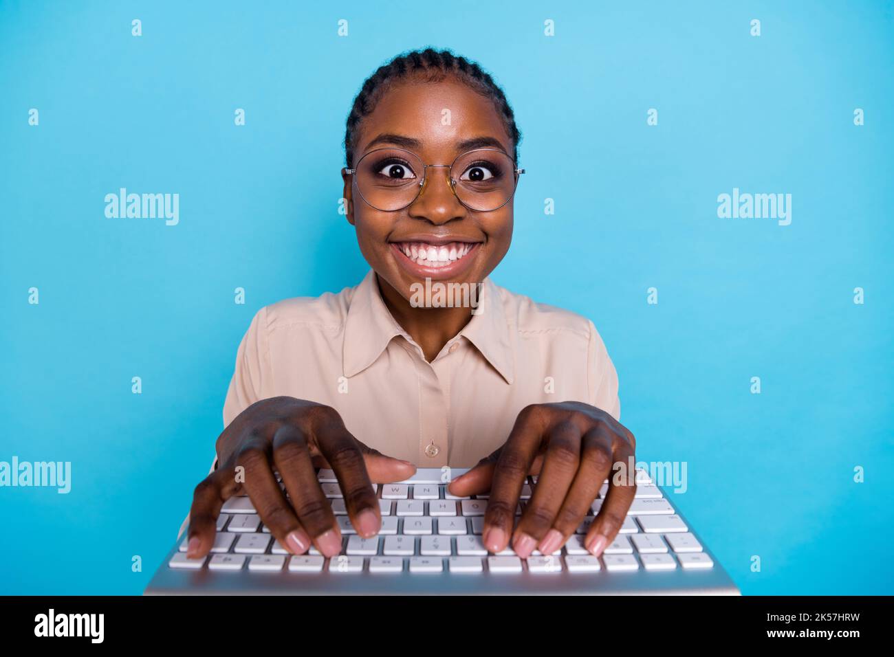 Close-up photo of crazy intelligent business lady typing keyboard ...
