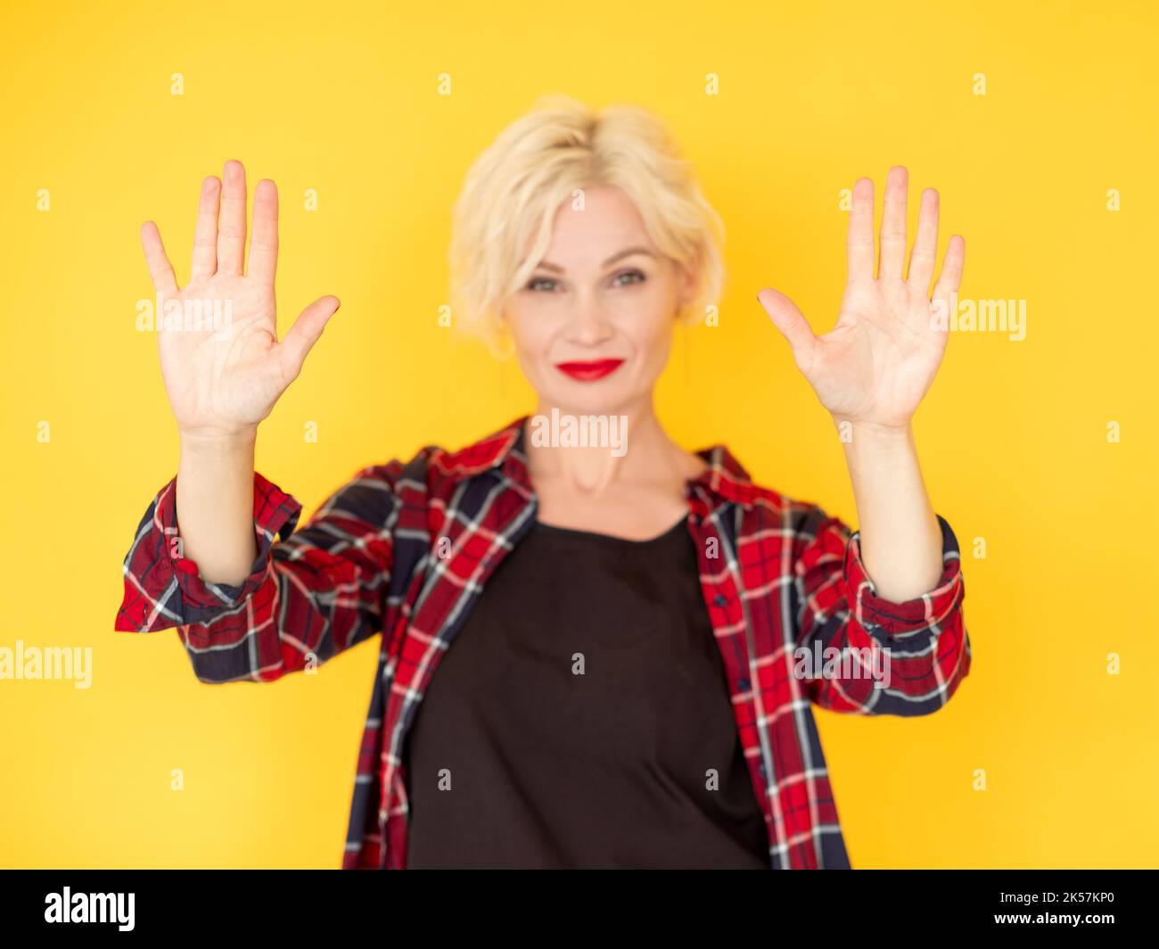 positive energy calm woman sincere greeting Stock Photo - Alamy