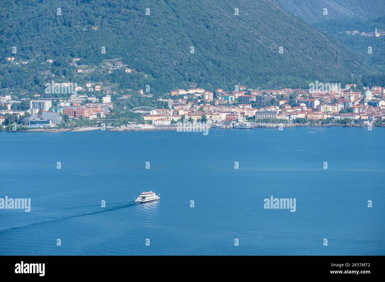 Aerial view of a ferry boat that heads from Laveno to Intra on Lake ...