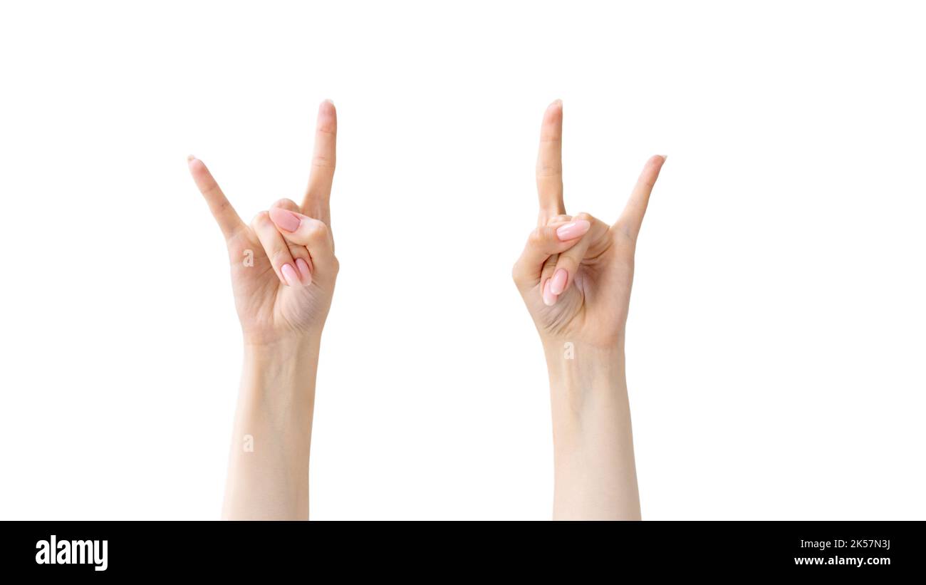 rock gesture victory joy hands horns sign on white Stock Photo - Alamy