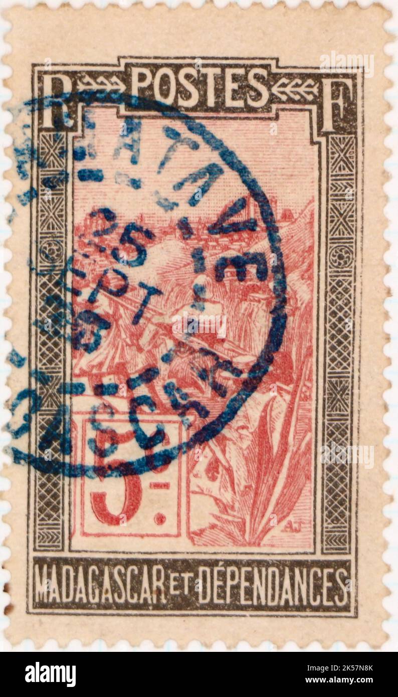 Photo of an old postage stamp from Madagascar with an illustration of a ...