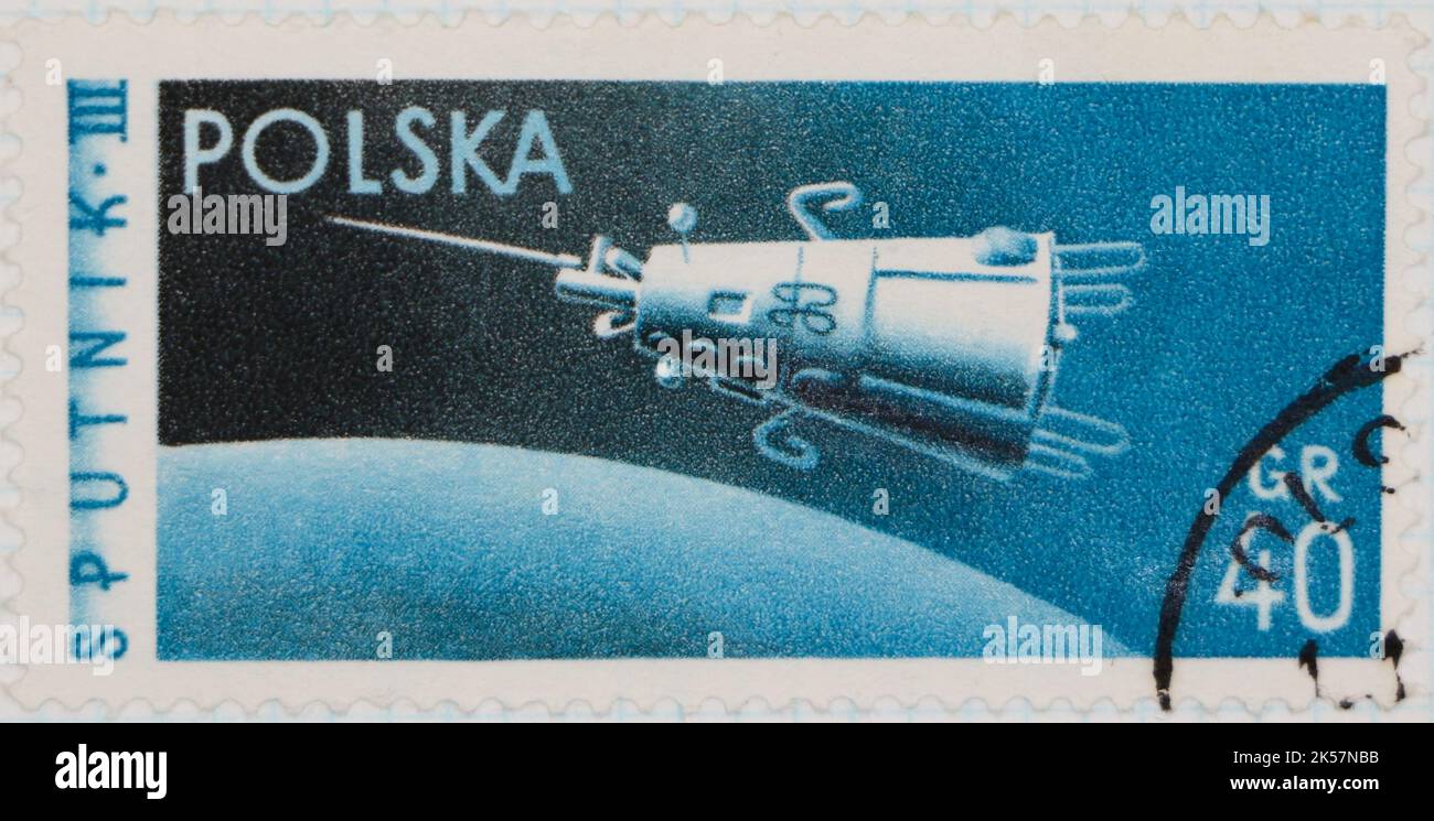 Photo of a Polish postage stamp with an illustration of Sputnik 3 ...