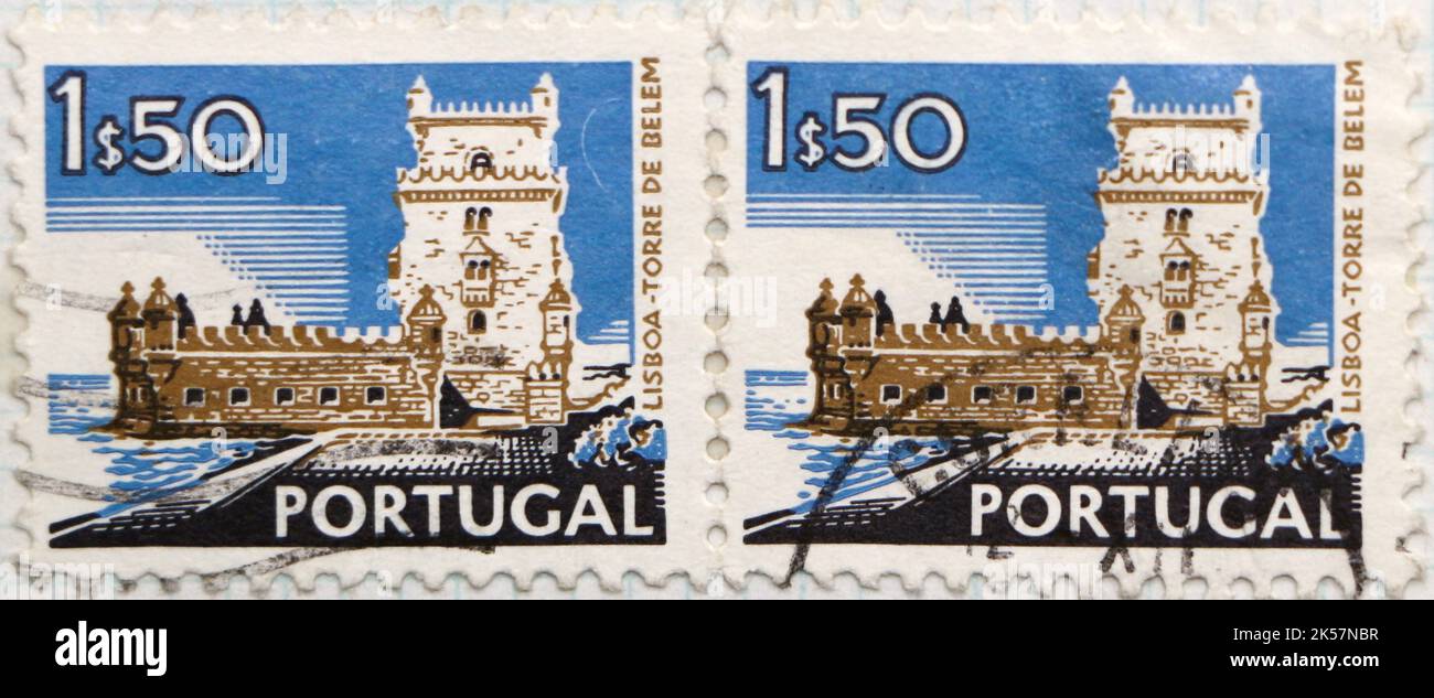 Photo of two joined Portuguese postage stamps with an illustration of ...