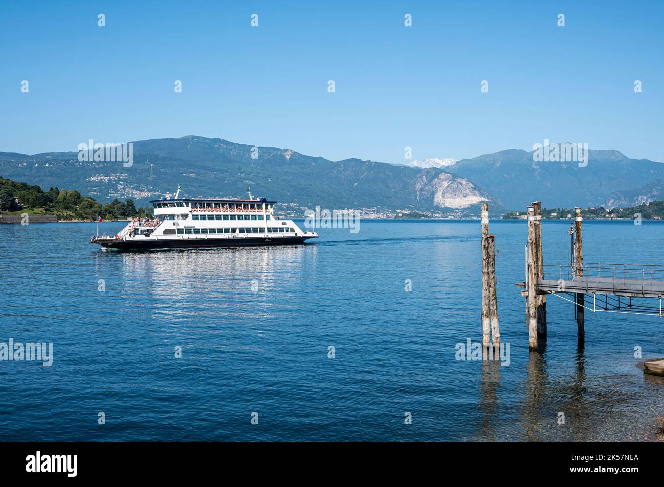 Laveno, Italy - 13-07-2022: Ferry boat is heading towards the port of ...