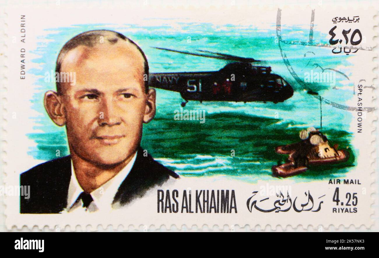 Photo of a Ras Al Khaima postage stamp with a portrait of Buzz Aldrin ...