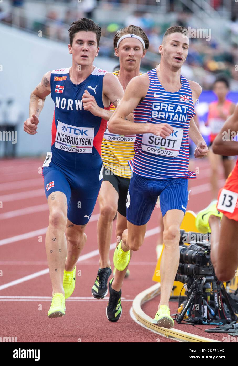Marc Scott of GB&NI and Jakob Ingebrigtsen competing in the men’s 5000m heats at the World ...