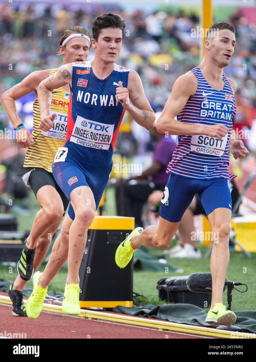 Marc Scott of GB&NI and Jakob Ingebrigtsen competing in the men’s 5000m ...