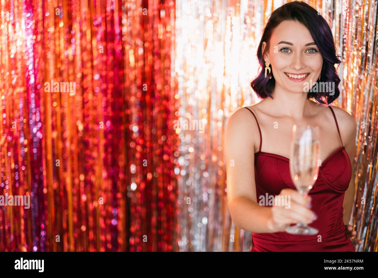 Corporate party. Happy woman. New year celebration. Greeting congrats ...