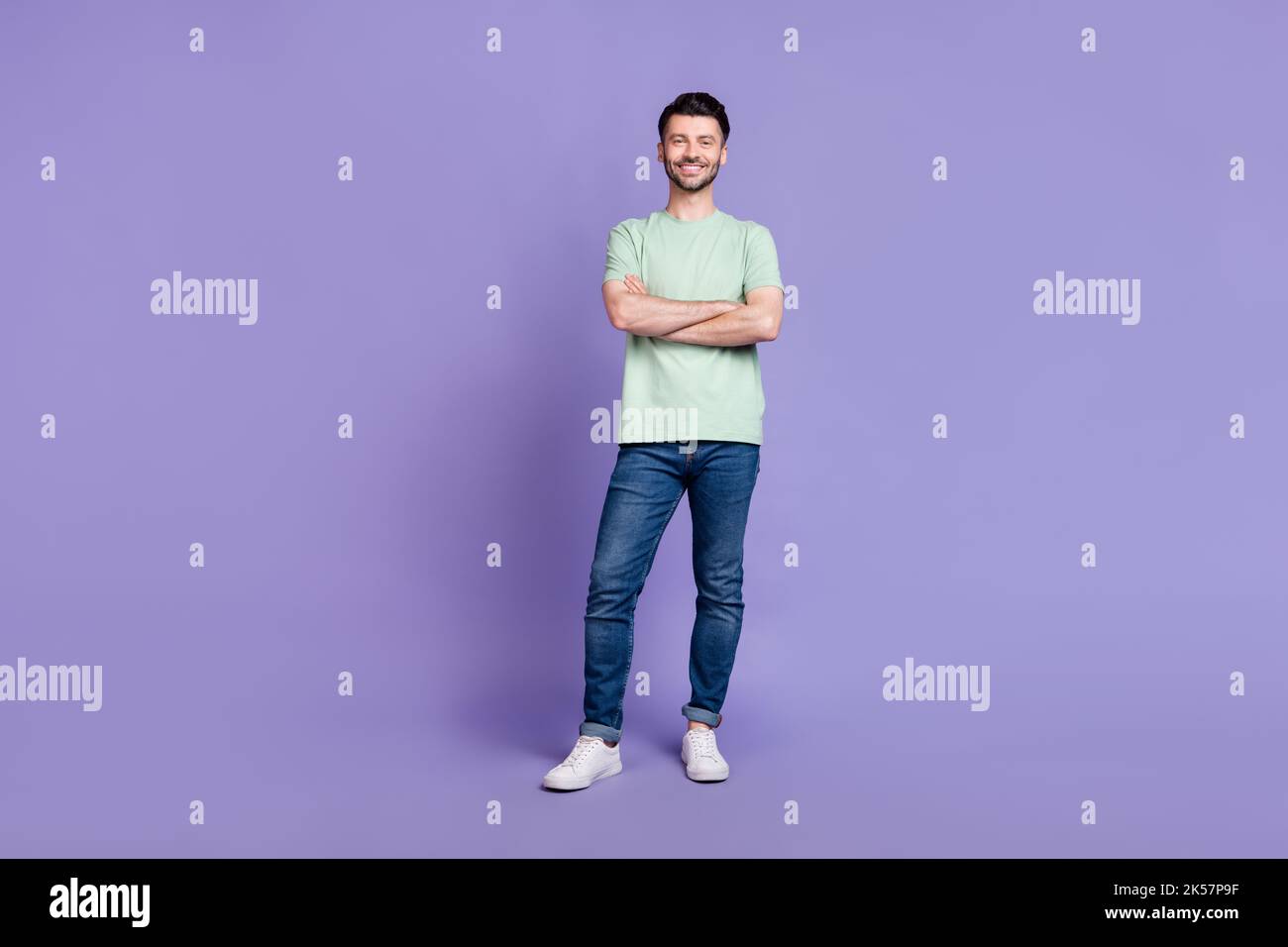 Full body photo of attractive young guy folded arms successful ...