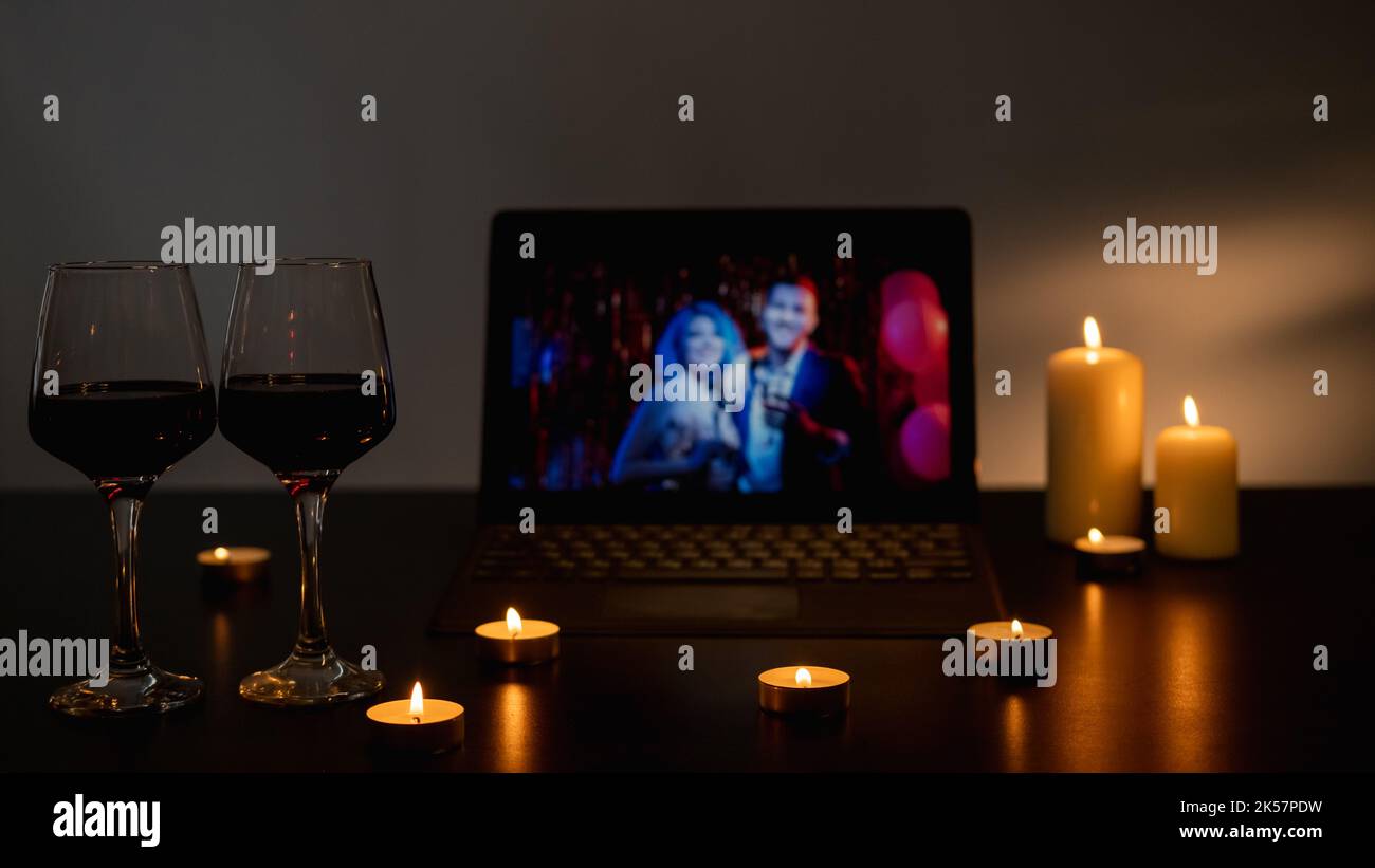 Anniversary party. Online greeting. Virtual friends. Two glasses of ...