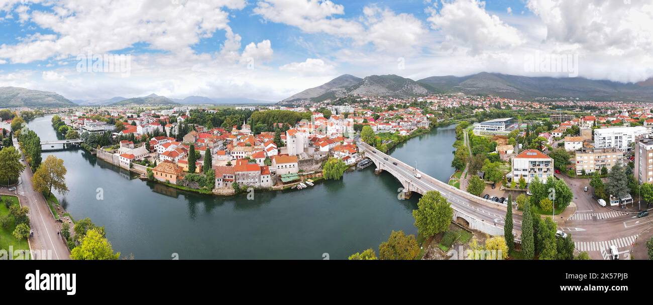 Aerial panorama view of the Trebinje city and Trebisnjica river ...