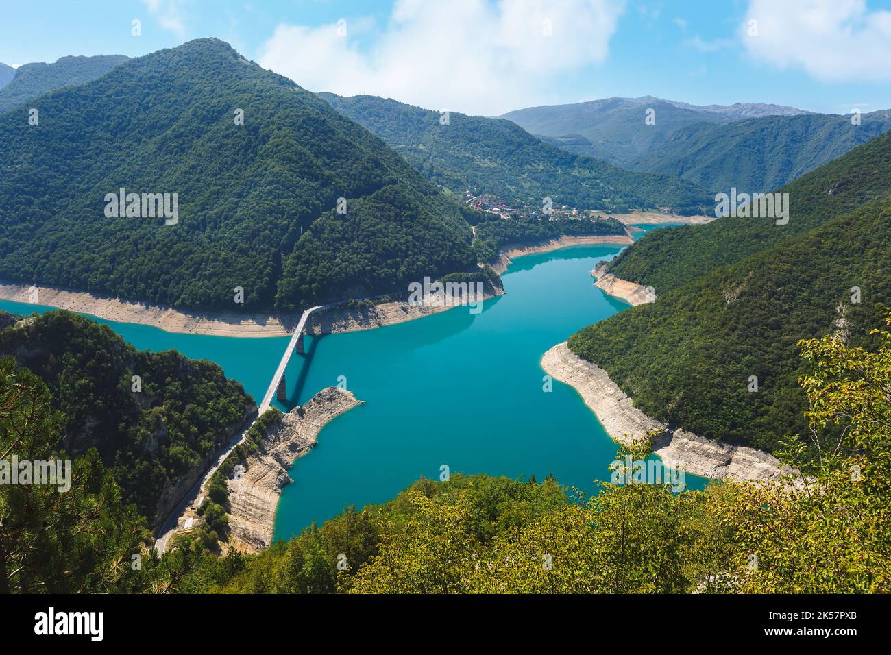 Famous Piva canyon and bridge across the lake. Nature travel background ...