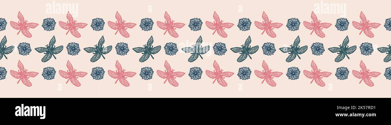 Retro butterfly seamless border. 70s style ecological insect garden ...