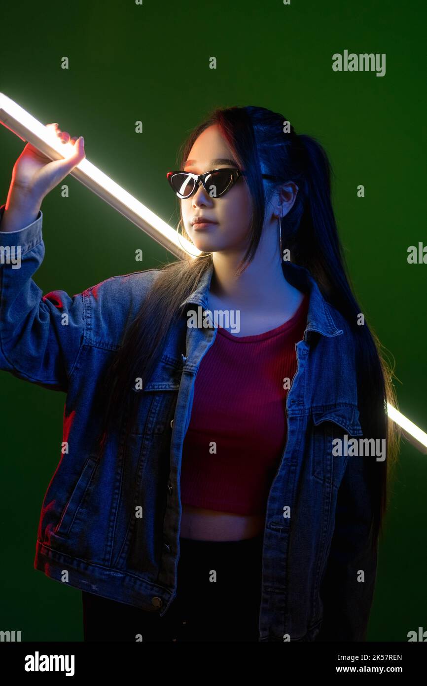 cyberpunk woman night fashion futuristic led light Stock Photo - Alamy