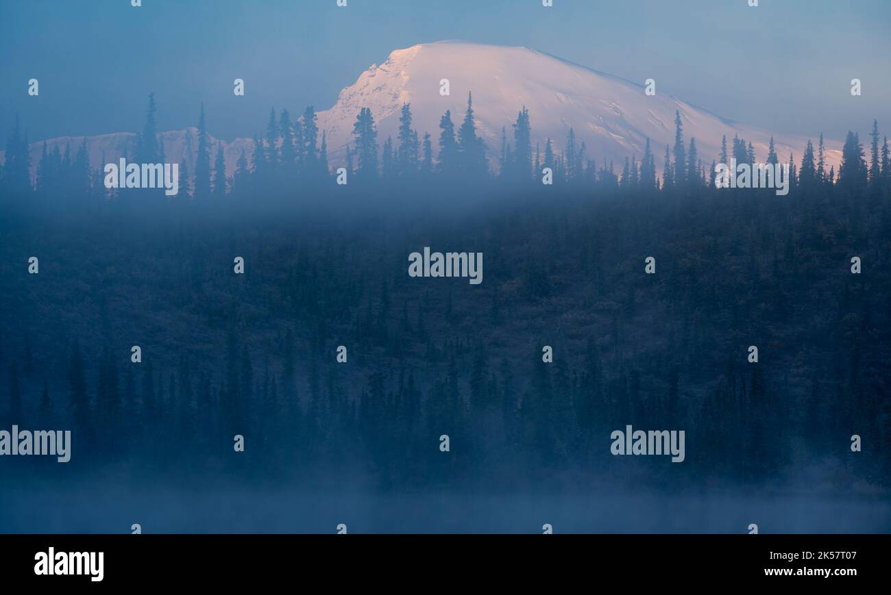 Fog and mist in early morning on Twin Lakes in Wrangell-St. Elias ...