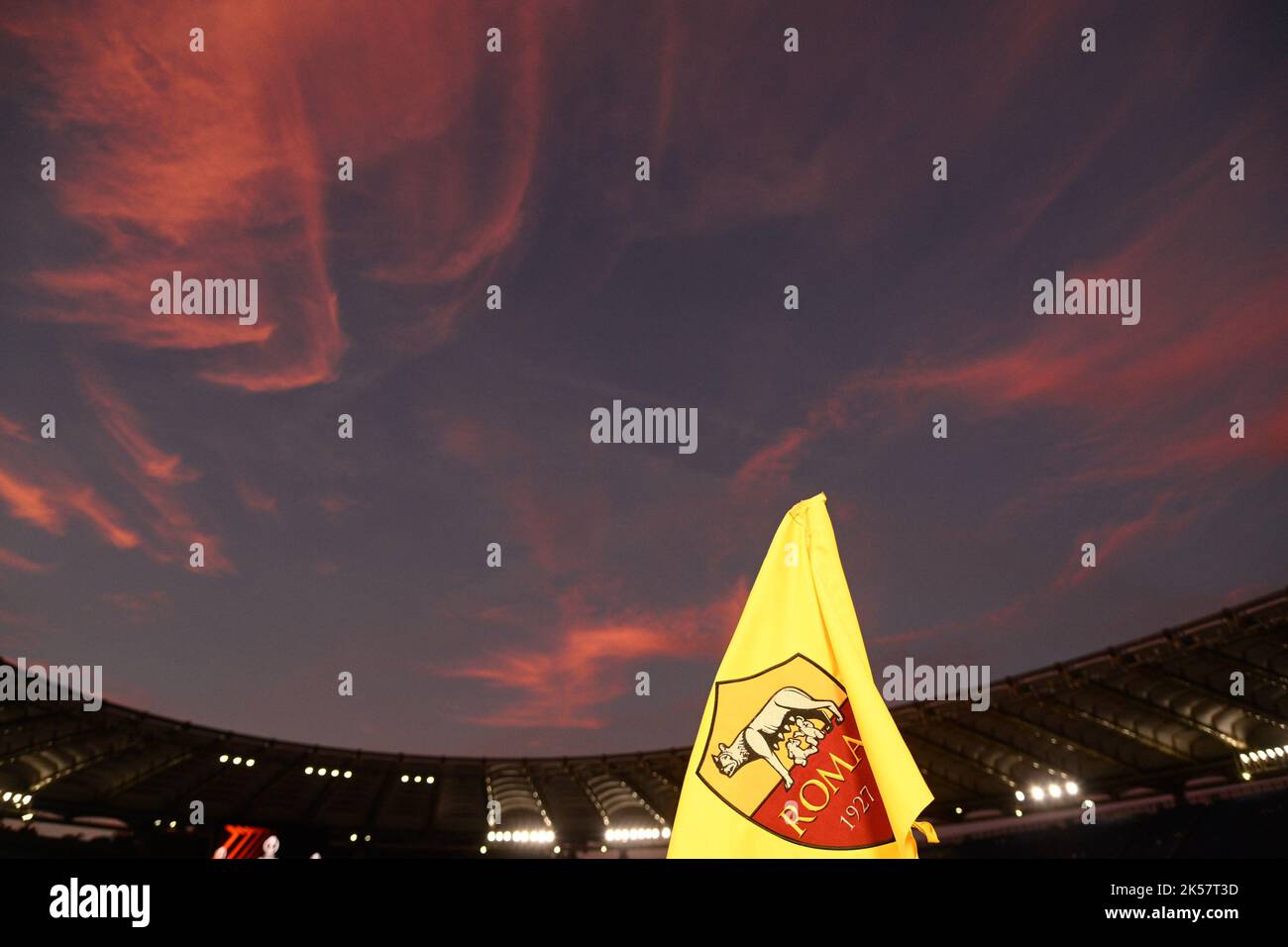 Rome, Italy. 06th Oct, 2022. AS Roma logo printed on the corner flag is ...