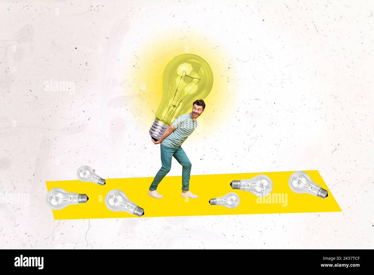 Collage picture of excited little guy carry hold huge light bulb ...