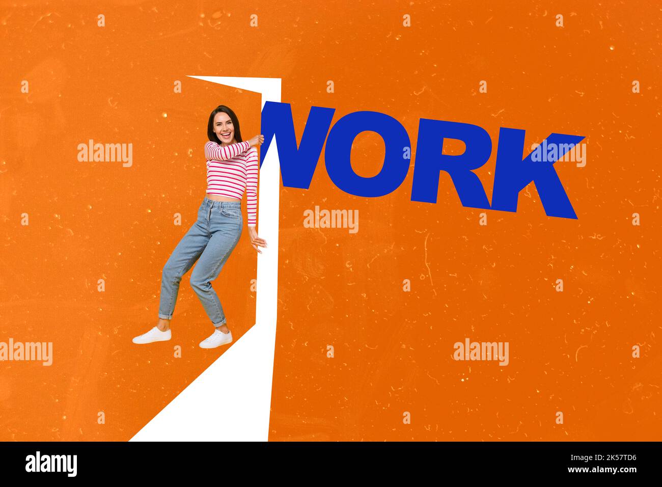 Composite illustration of excited girl hiding huge work word letters isolated on creative ...