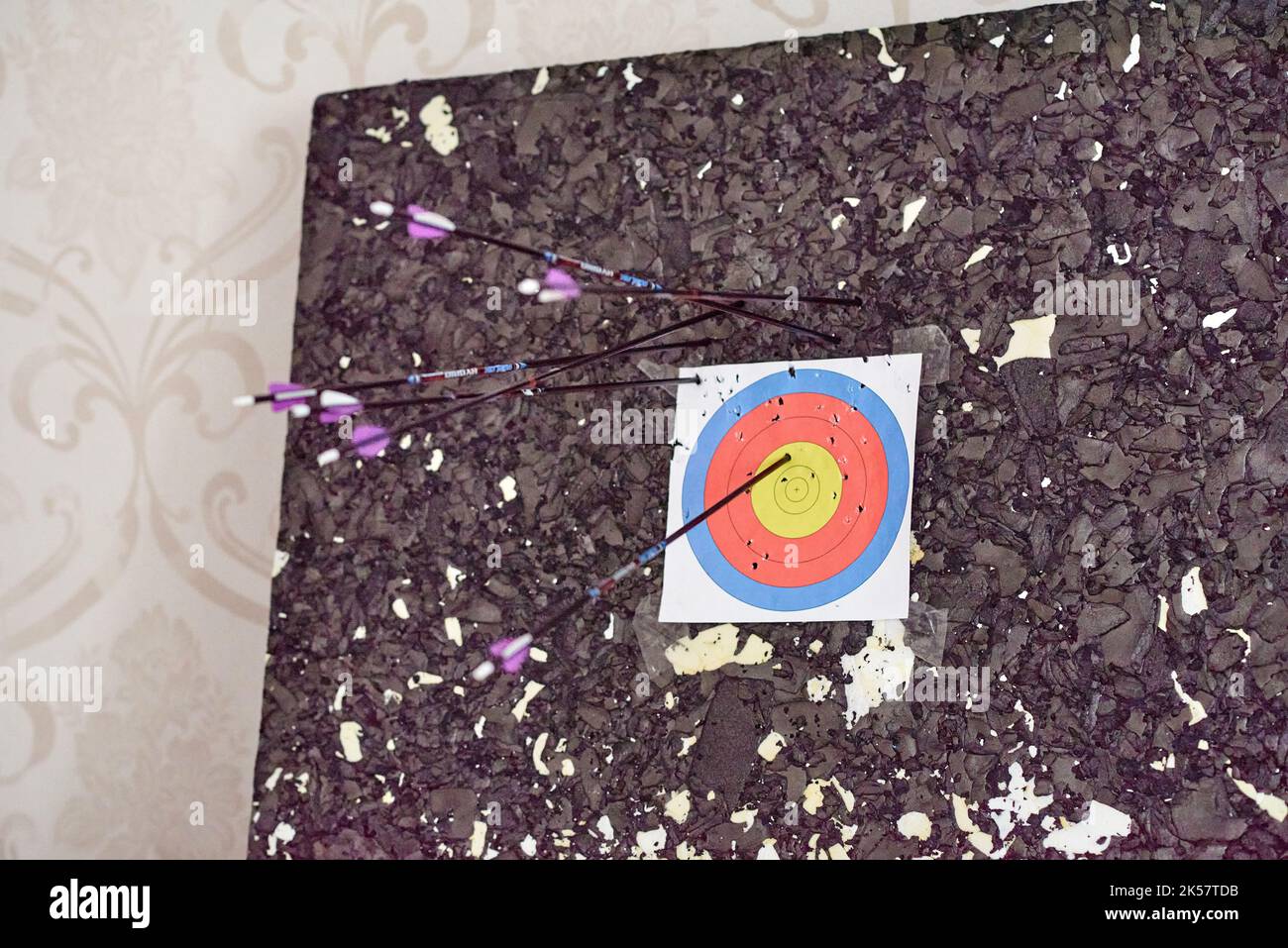 Carbon arrows with purple plumage are stuck in a paper target and an ...
