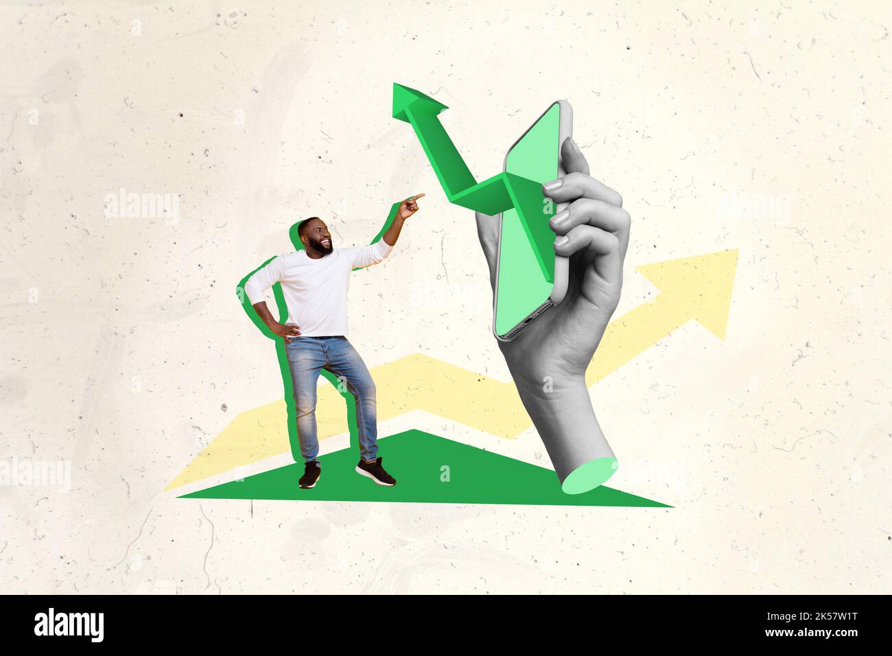 Creative collage picture of mini guy point finger big arm hold ...