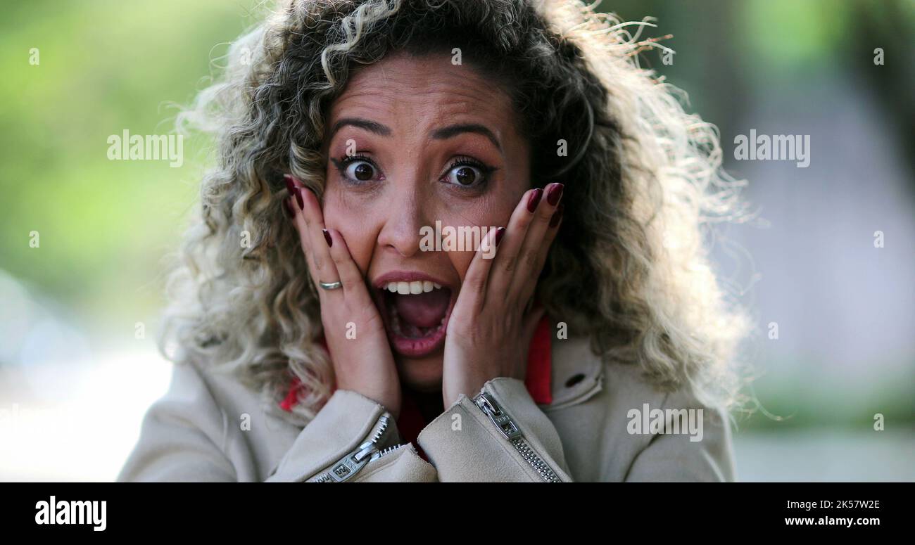 Funny Confused scared woman shocking reaction Stock Photo - Alamy